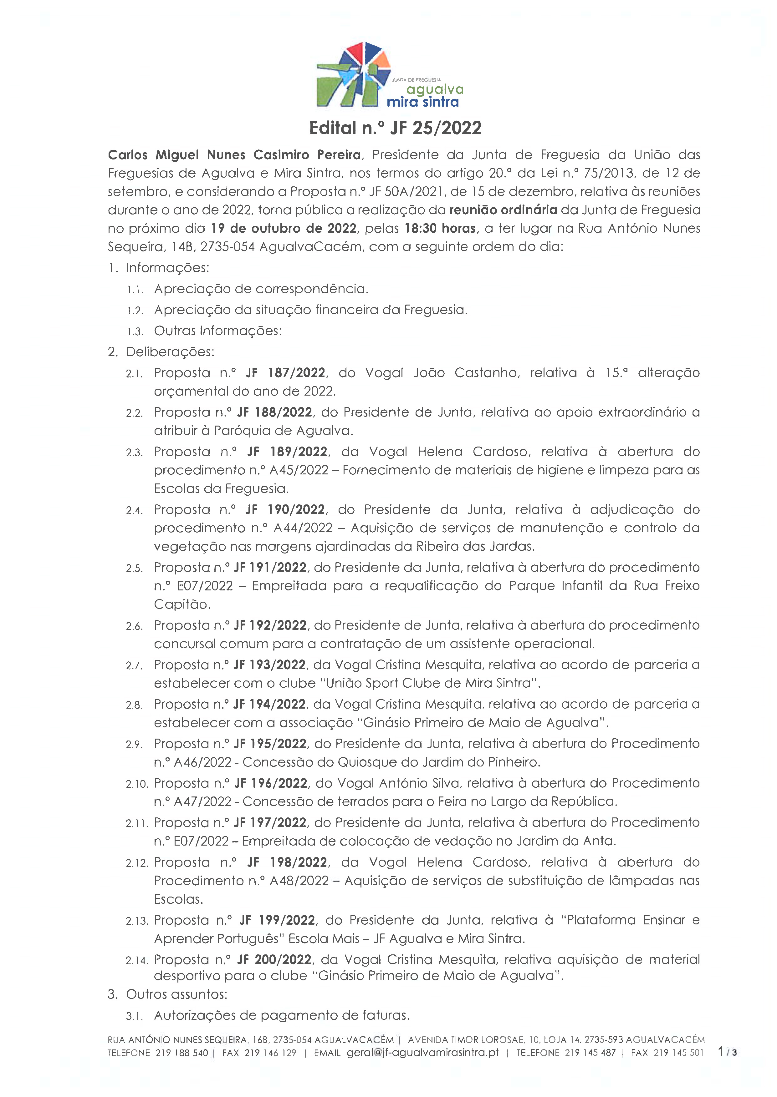 Edital n.º JF 25/2022 | Jf Agualva Mira Sintra